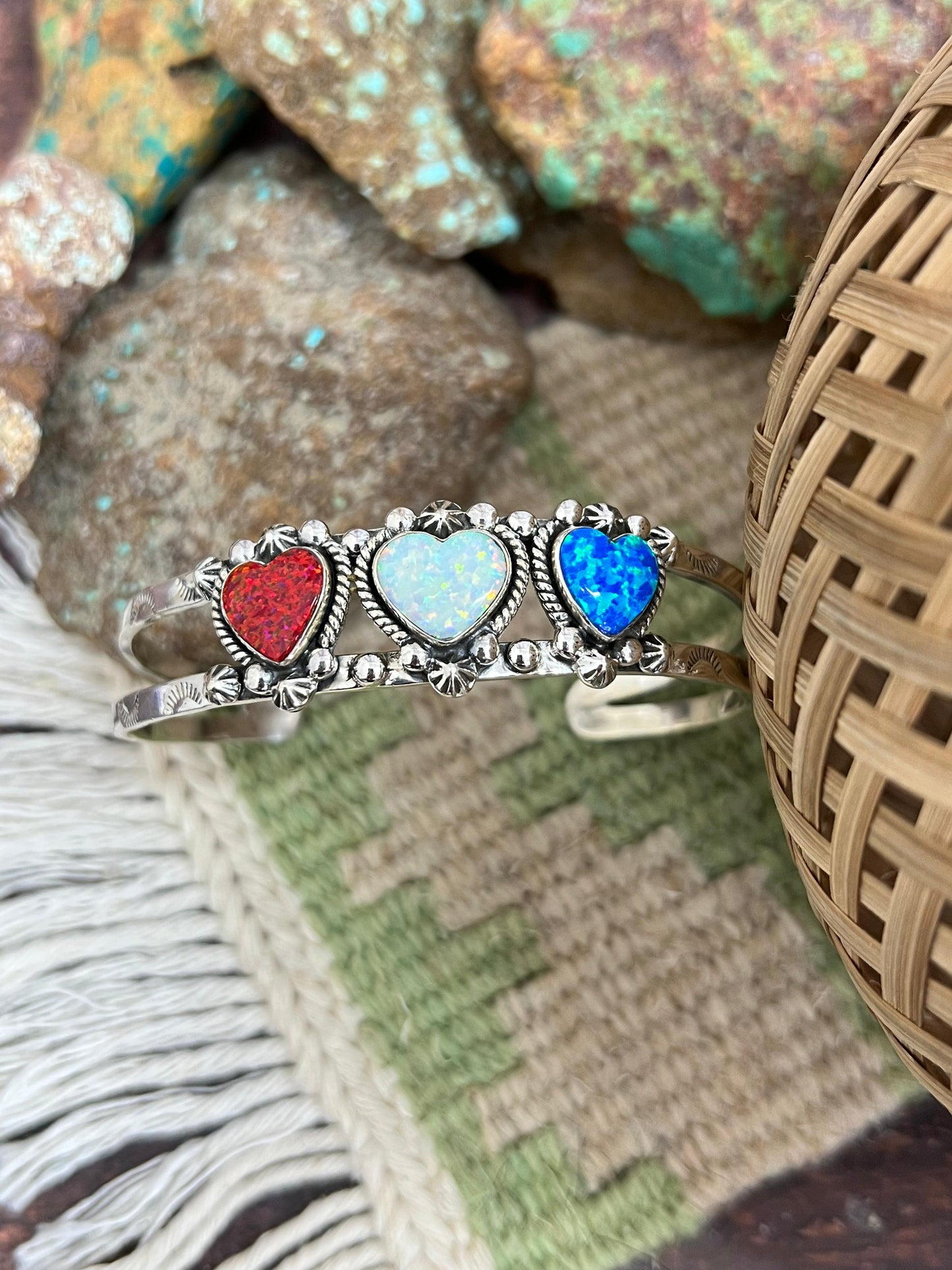 ** 4TH OF JULY ** Handmade Sterling Silver Synthetic Opal Cuff Bracele ...