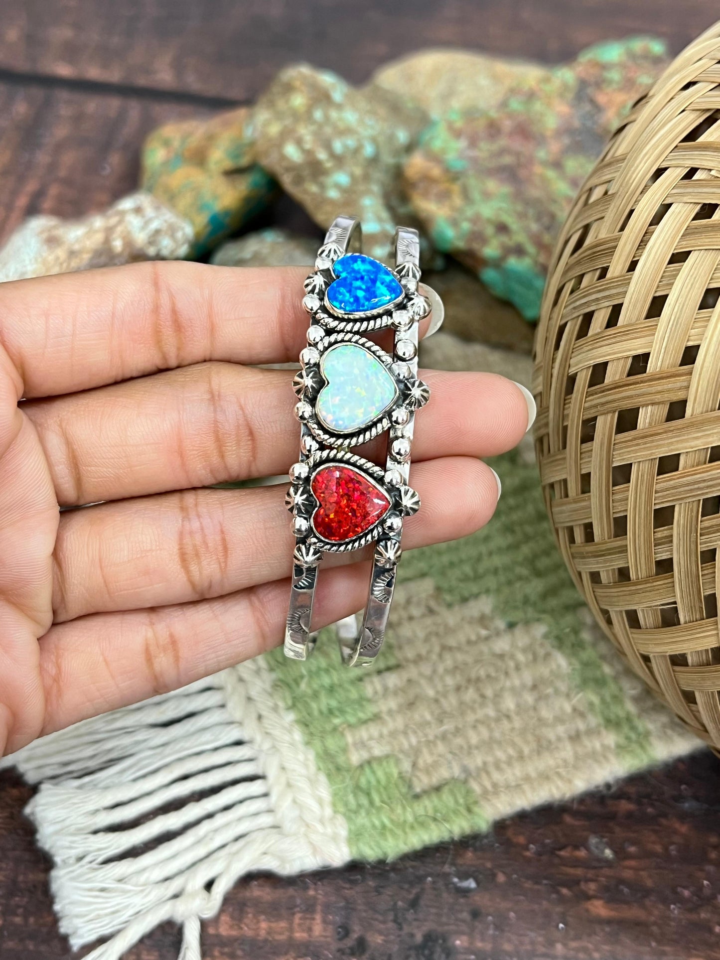 ** 4TH OF JULY ** Handmade Sterling Silver Synthetic Opal Cuff Bracele ...
