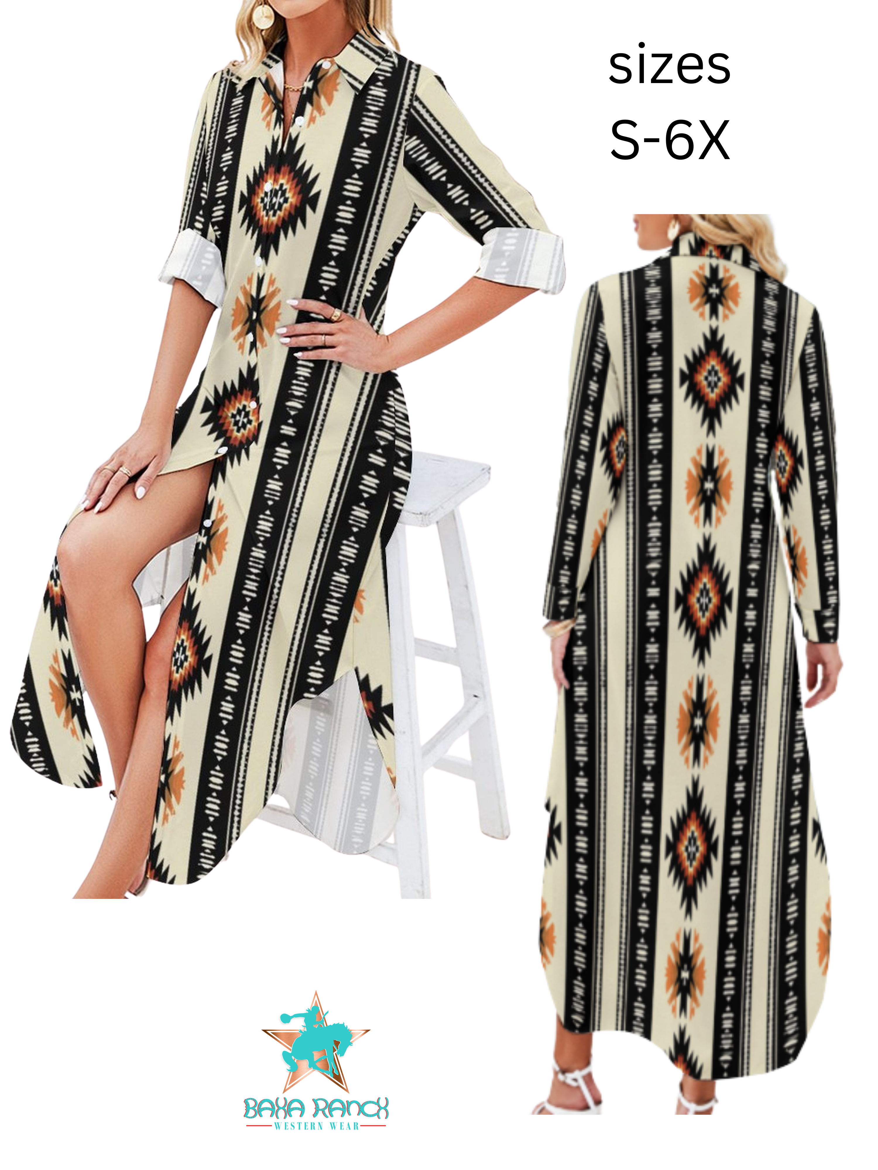 Colores de Mexico Southwestern Aztec Button-Up Long Sleeve Shirt Dress ...