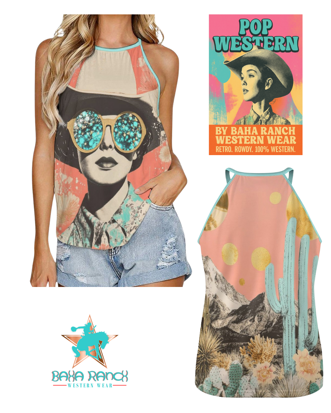 Baha Ranch Turquoise Cowgirl Retro Pop Western Tank Top | Baha Ranch ...